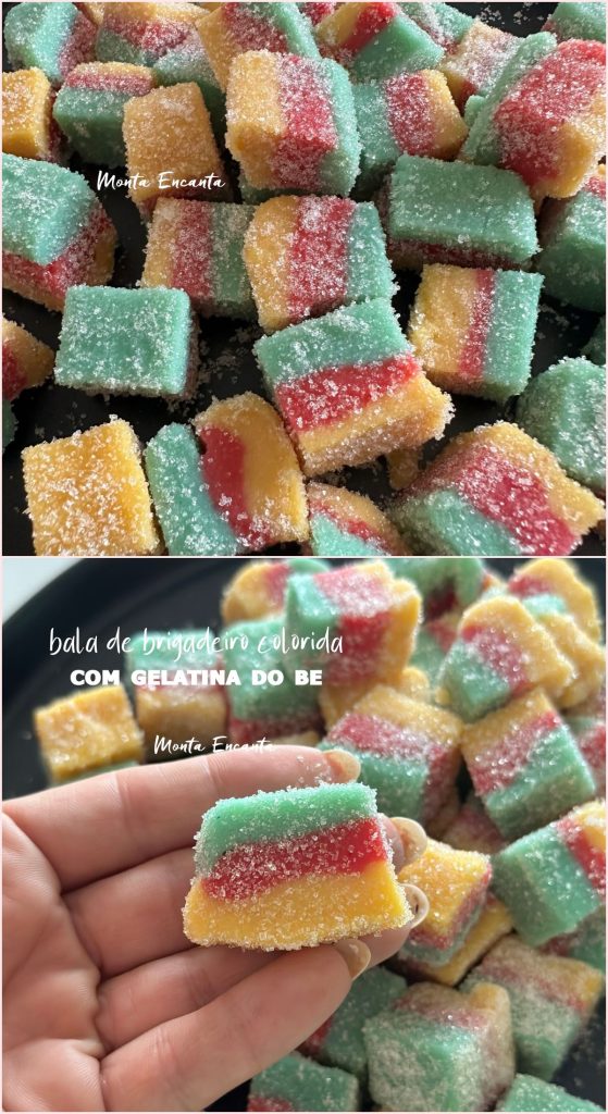 Bala de brigadeiro colorida com gelatina do Bê - Monta Encanta